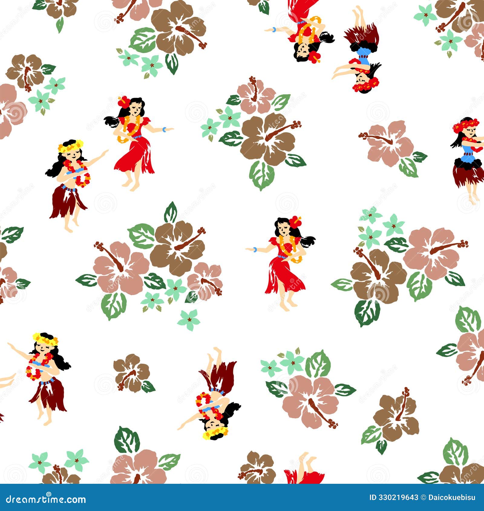 Cute Hibiscus and Hula Dancer Seamless Pattern, Stock Vector ...