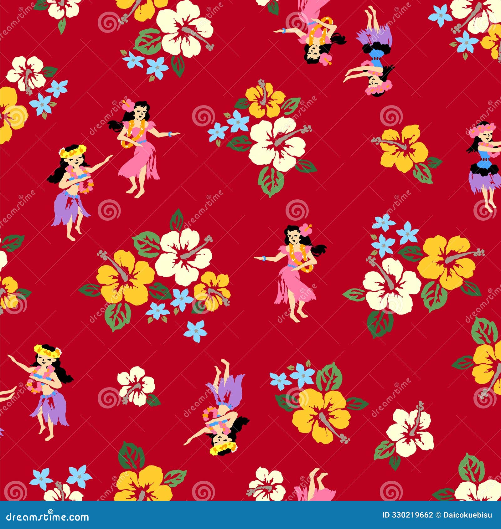 Cute Hibiscus and Hula Dancer Seamless Pattern, Stock Illustration ...