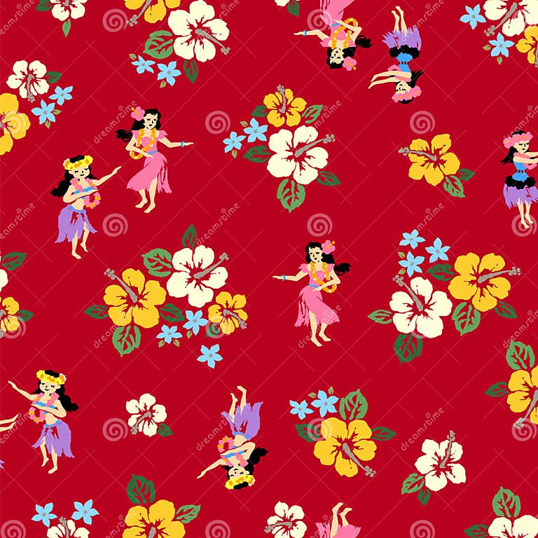 Cute Hibiscus and Hula Dancer Seamless Pattern, Stock Illustration ...