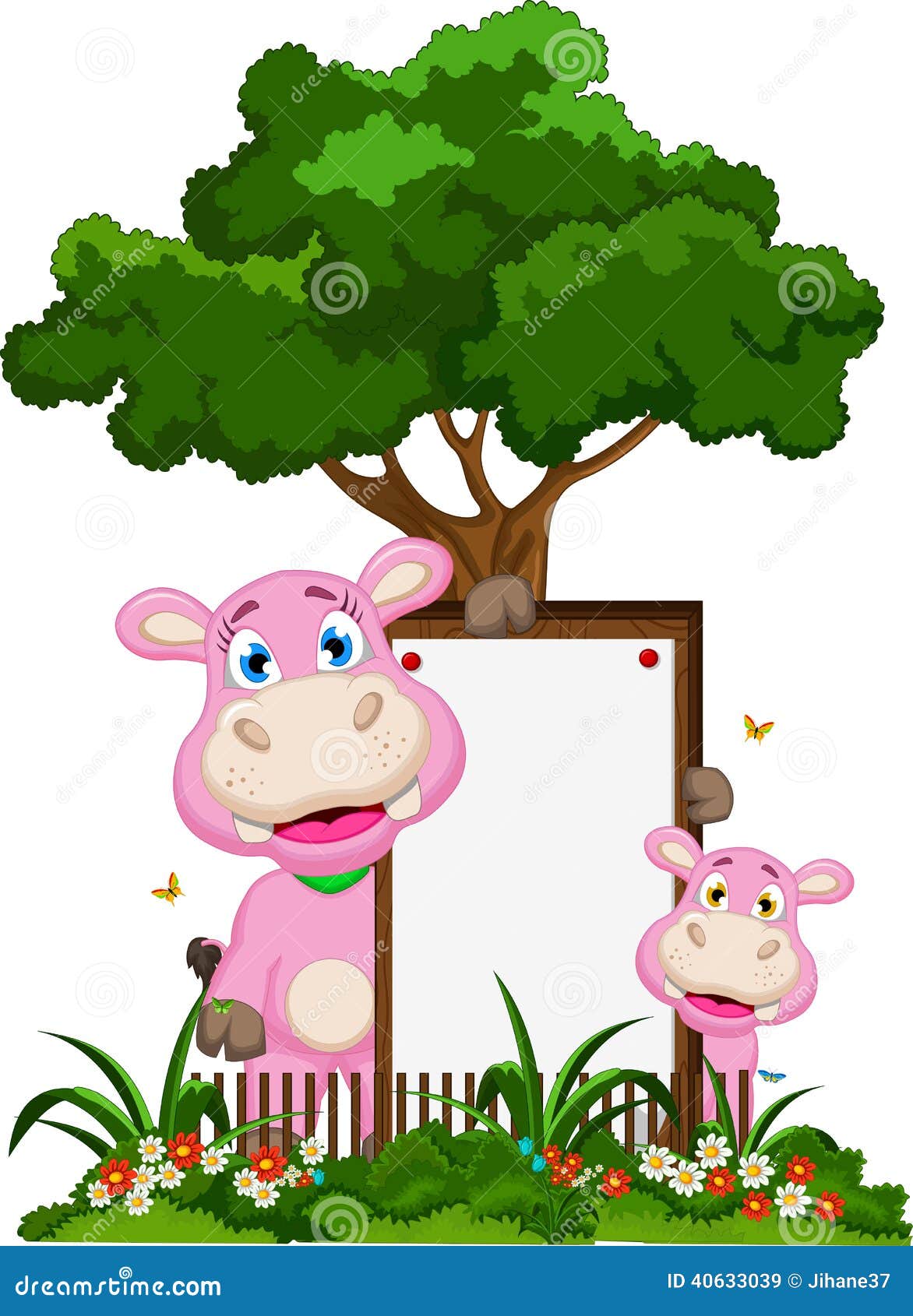 Cute Hippo Cartoon With Blank Sign In Garden Stock Illustration Illustration Of Africa Comic