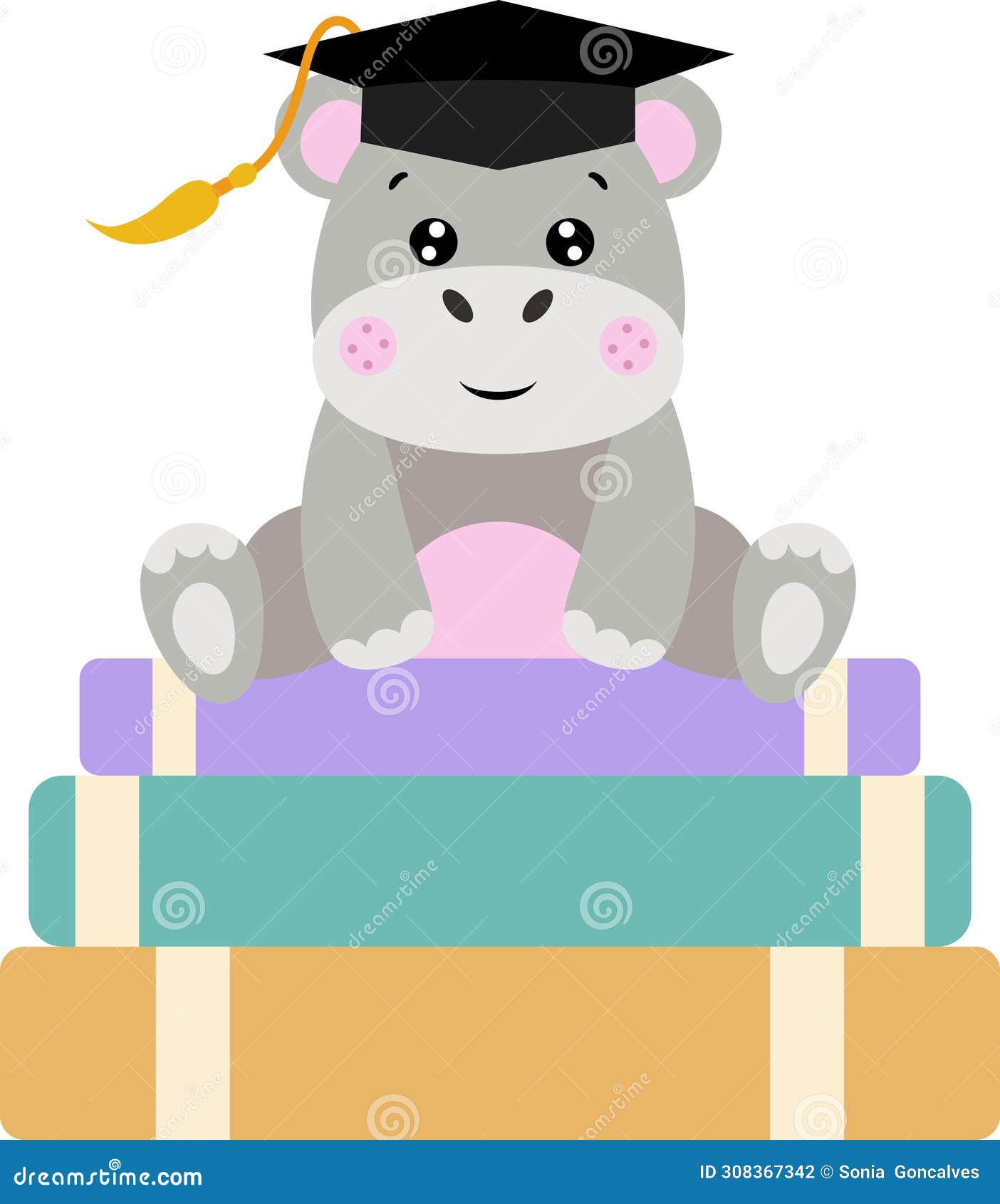 Cute Hippo with Graduation Cap Sitting on Top of Books Stock ...