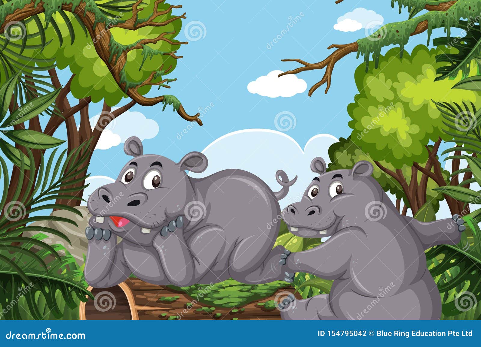 Cute Hippos in Jungle Scene Stock Vector - Illustration of natual ...