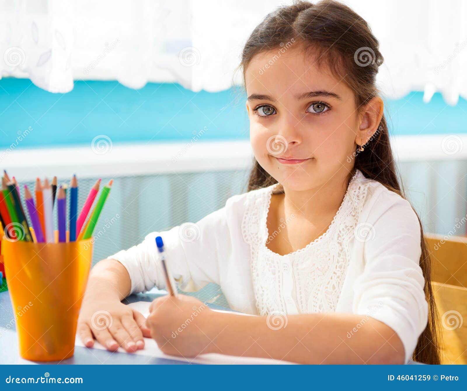 Cute Hispanic Girl Writing at School Stock Image - Image of indian ...