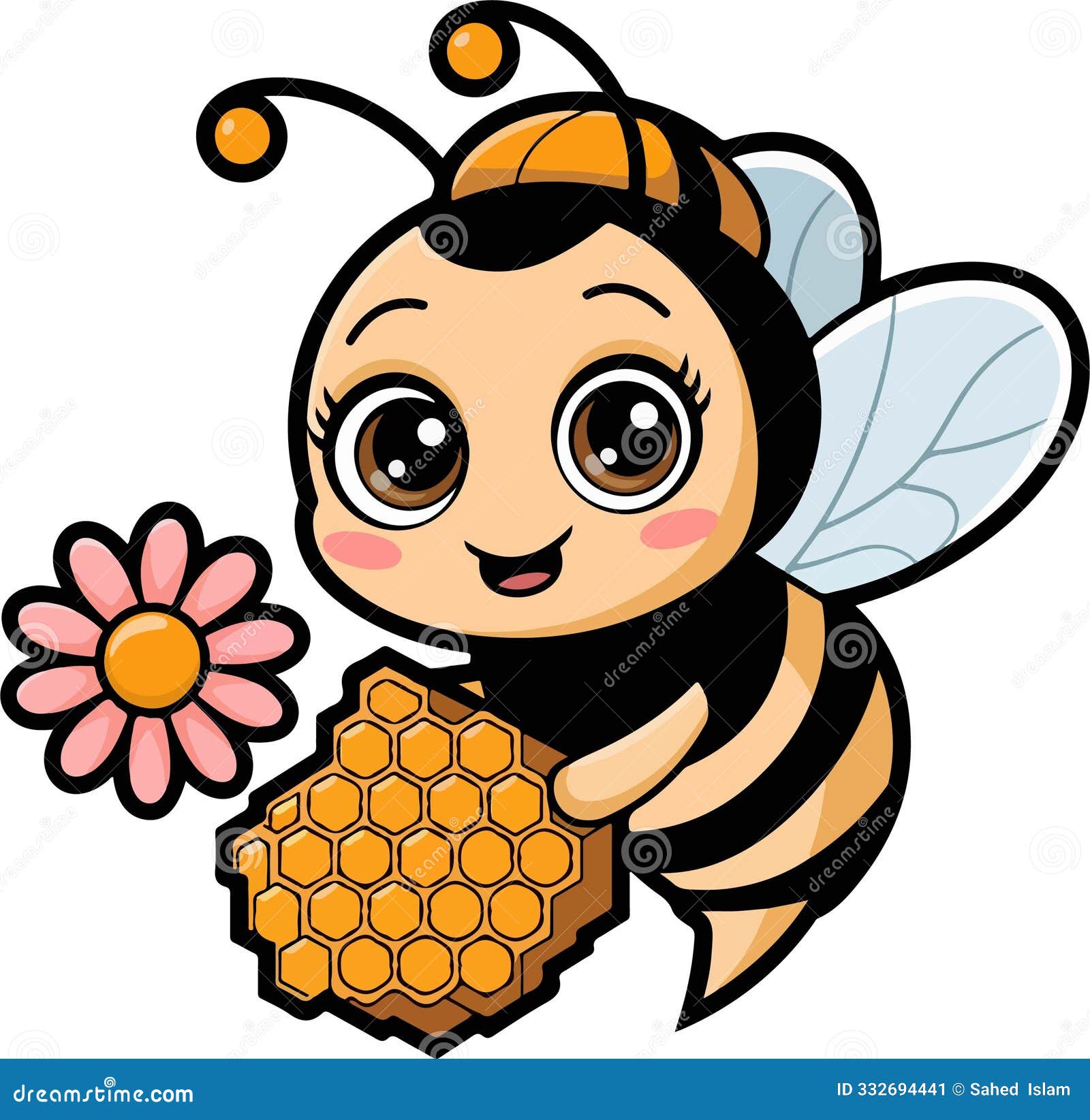 Cute Honey Bee Cartoon Vector Illustration With White Background Stock