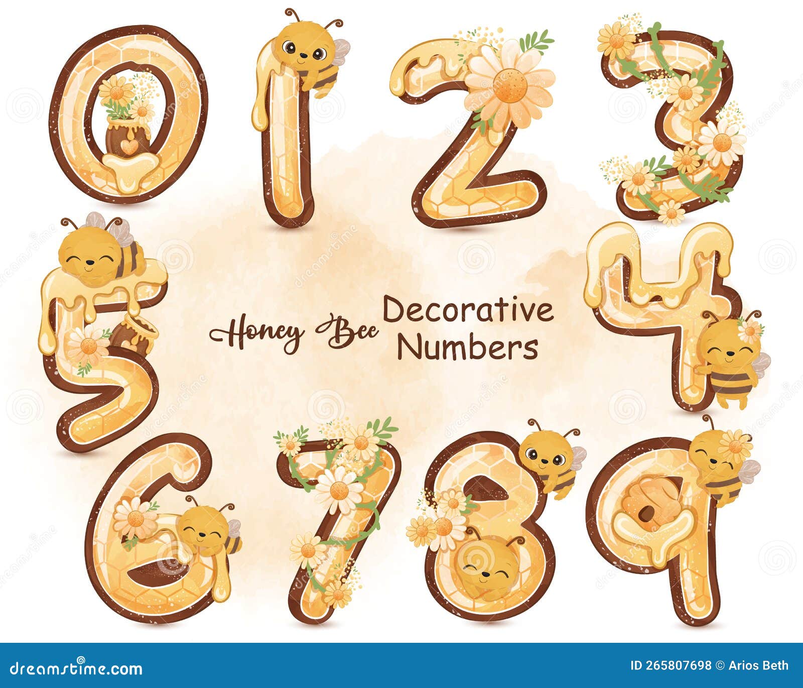 Cute Honey Bee and Flowers Decorative Numbers Stock Illustration ...