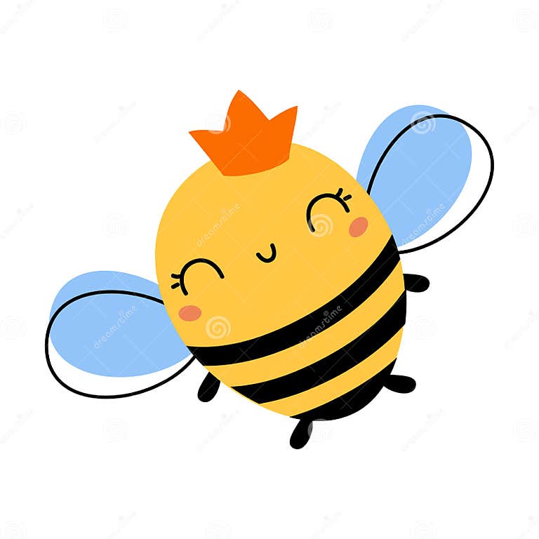 Cute Honey Bee Queen Lovely Flying Insect Character Wearing Golden