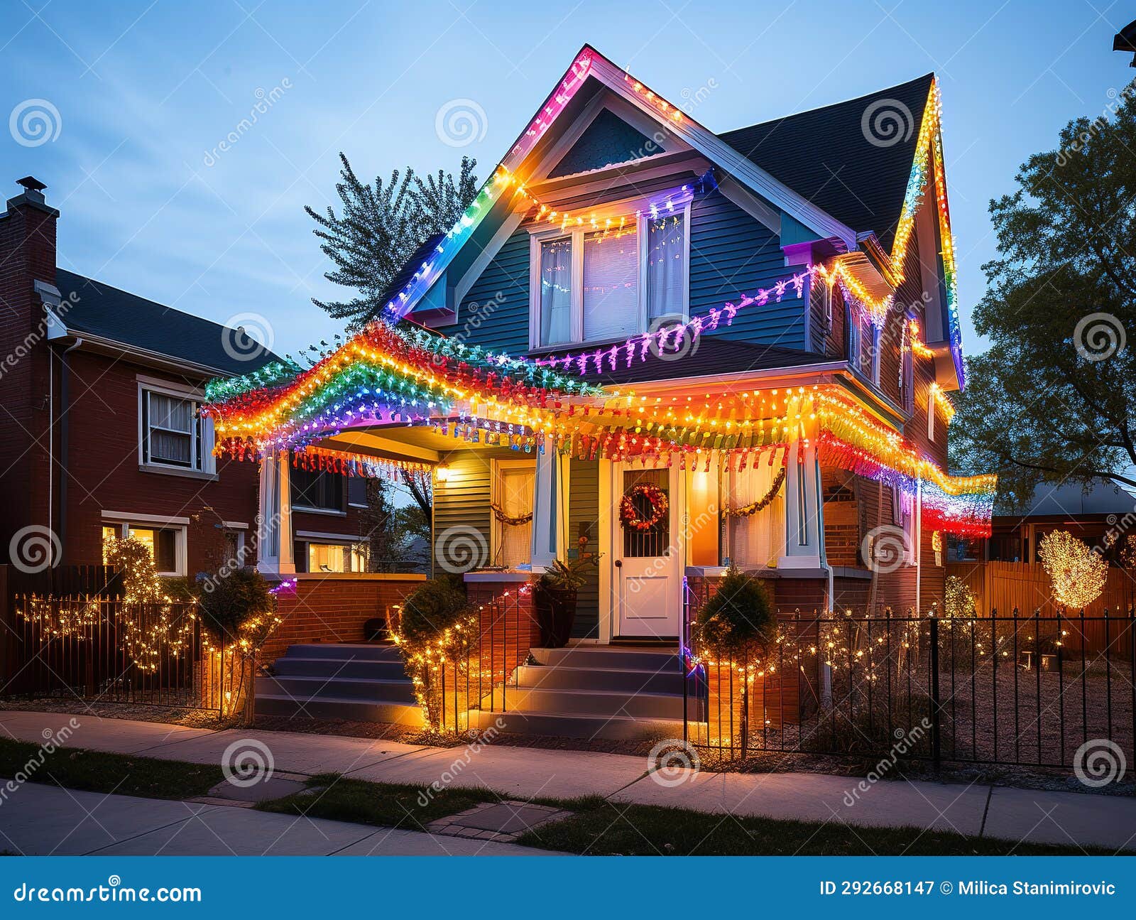A Cute House Adorned with Rainbow-Colored Lights Stock Illustration ...