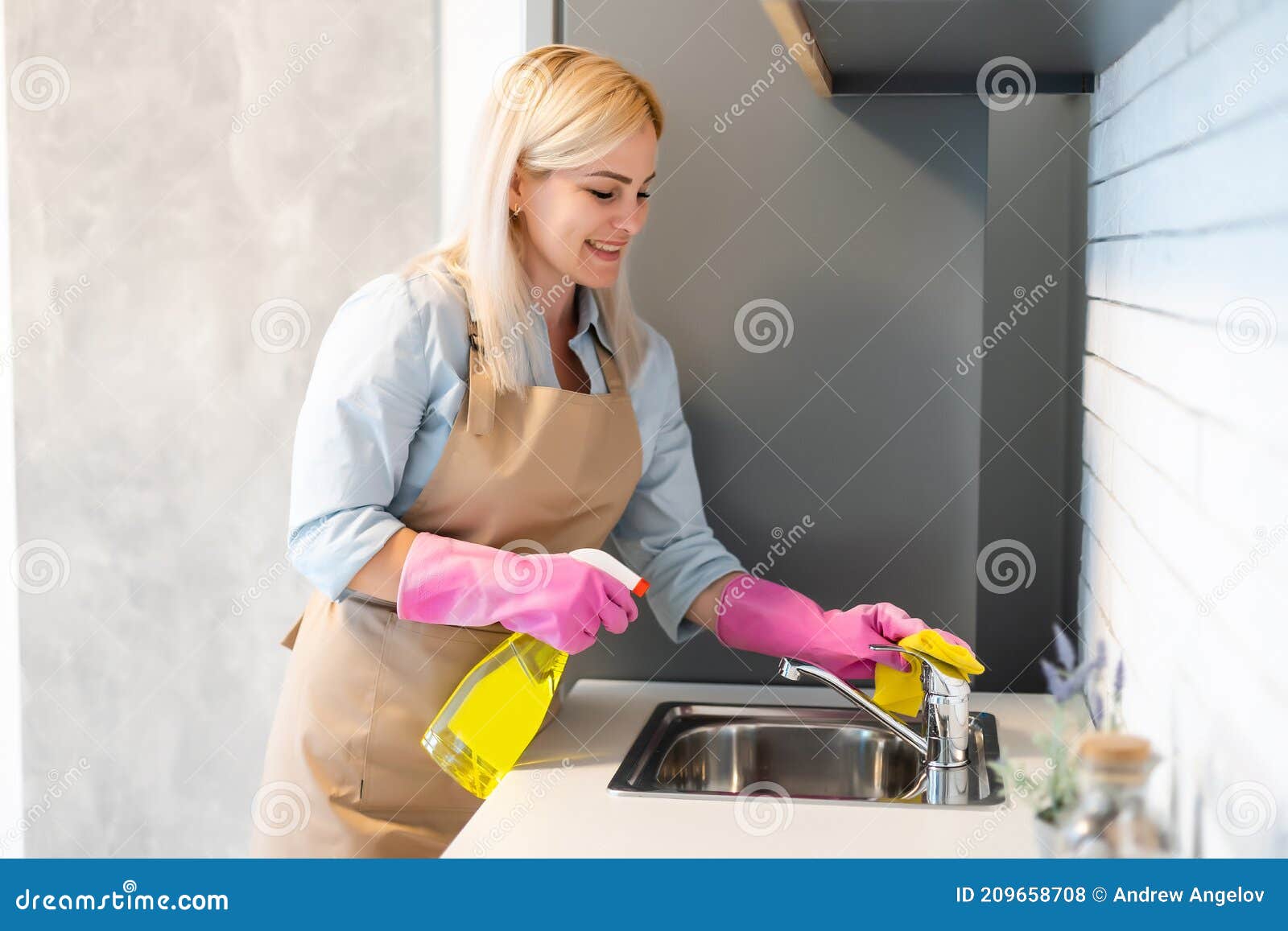 Cute Housewife Cleaning the Kitchen Cleaning the Kitchen Stock Photo ...