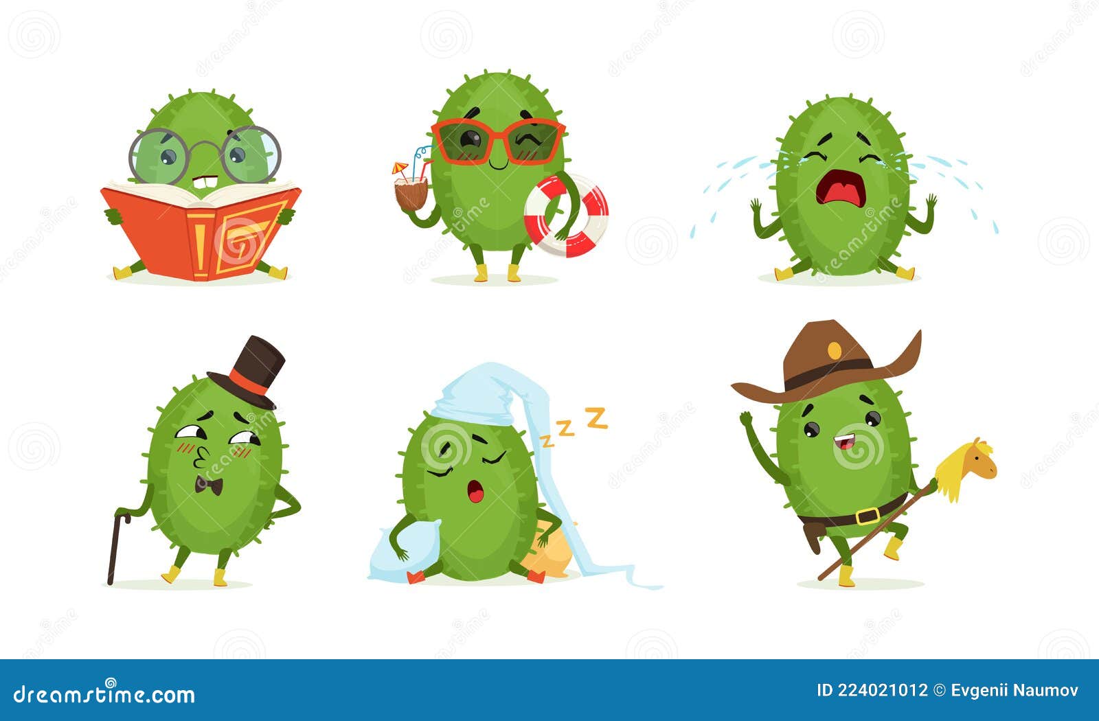 Cute Humanized Cactus Character Sleeping in Night Cap and Reading Book ...