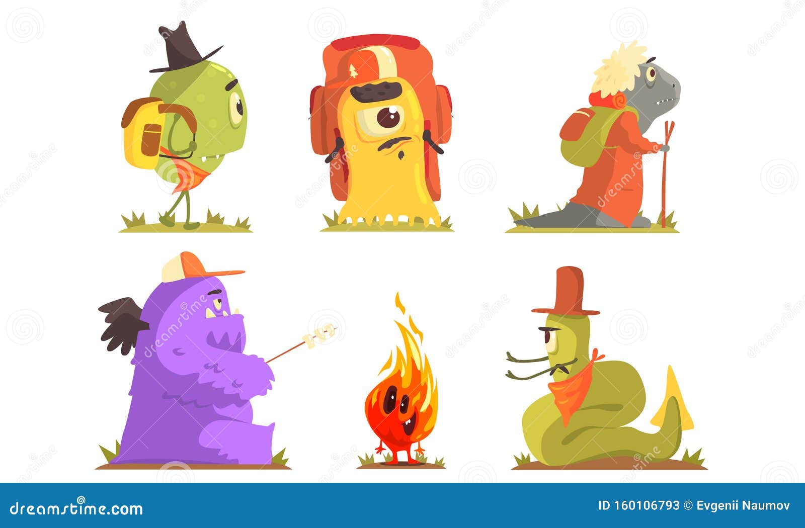 Cute Humanized Monsters on a Hike. Vector Illustration. Stock Vector ...