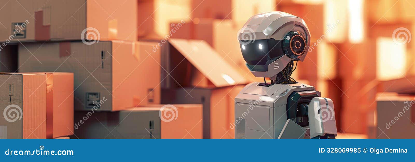 Cute Humanoid Robot among Cardboard Boxes in a Warm Warehouse Setting ...