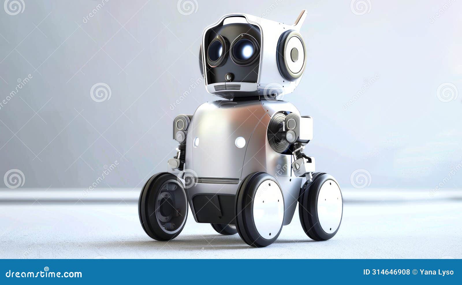Cute Humanoid Robot with Large Eyes and Wheels on a White Background ...