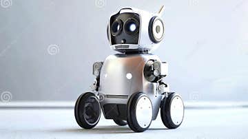 Cute Humanoid Robot with Large Eyes and Wheels on a White Background ...