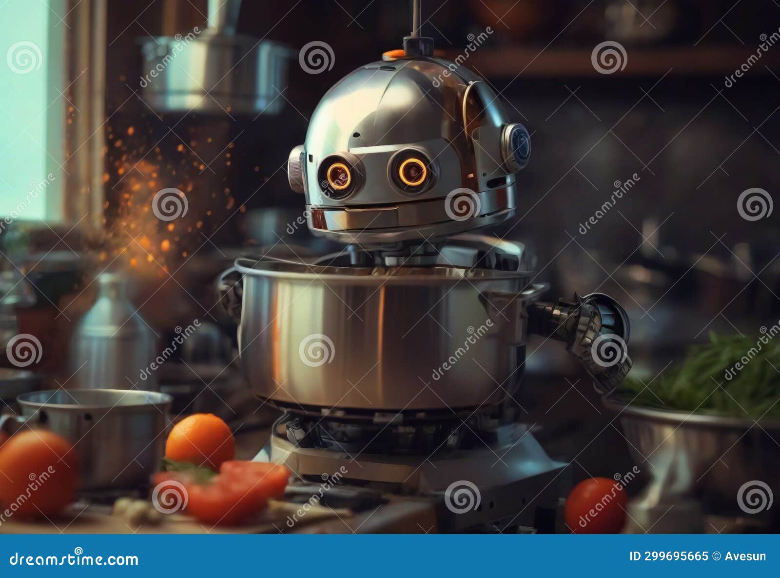 A Cute Humanoid Robot Preparing Food in a Kitchen. Ideal for ...