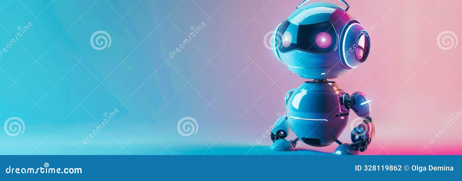 Cute Humanoid Robot with Round Features and Glowing Eyes on a Blue and ...