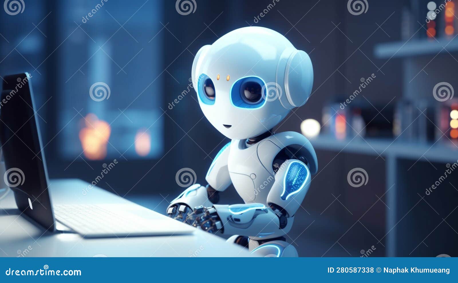 A Cute Humanoid Robot Works in an Office on a Computer Laptop. Stock ...