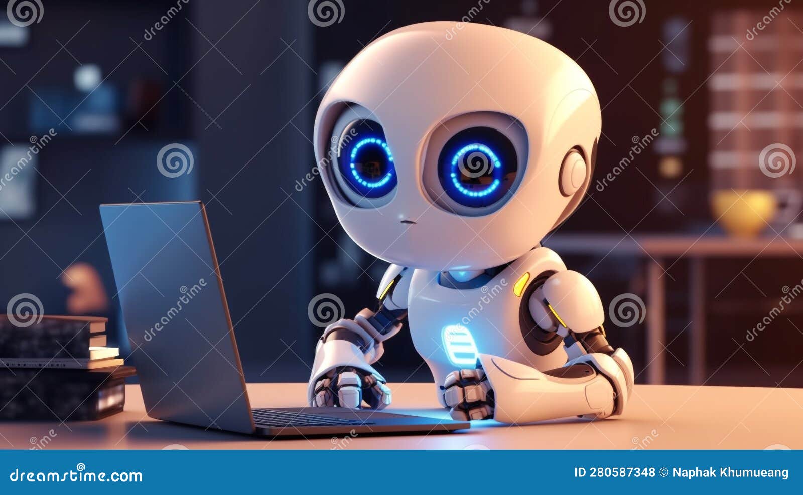 A Cute Humanoid Robot Works in an Office on a Computer Laptop. Stock ...