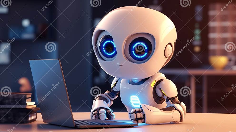 A Cute Humanoid Robot Works in an Office on a Computer Laptop. Stock ...