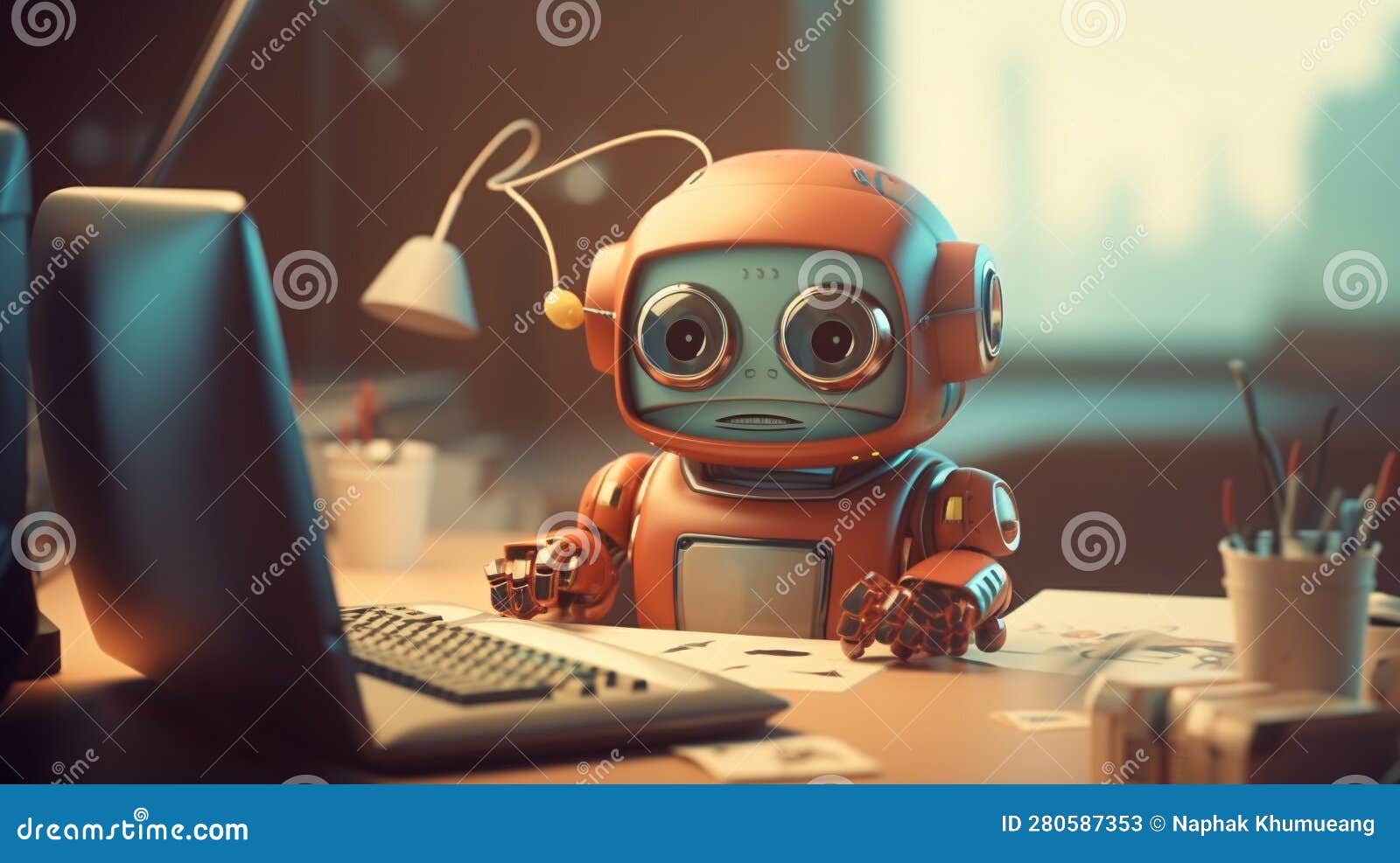 A Cute Humanoid Robot Works in an Office on a Computer Laptop. Stock ...