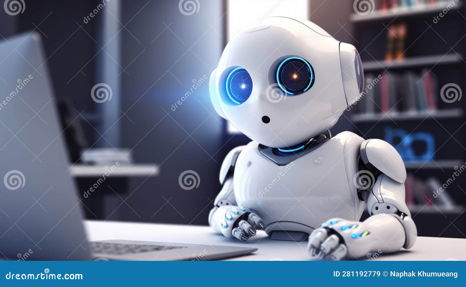 A Cute Humanoid Robot Works in an Office on a Computer Laptop. Stock ...