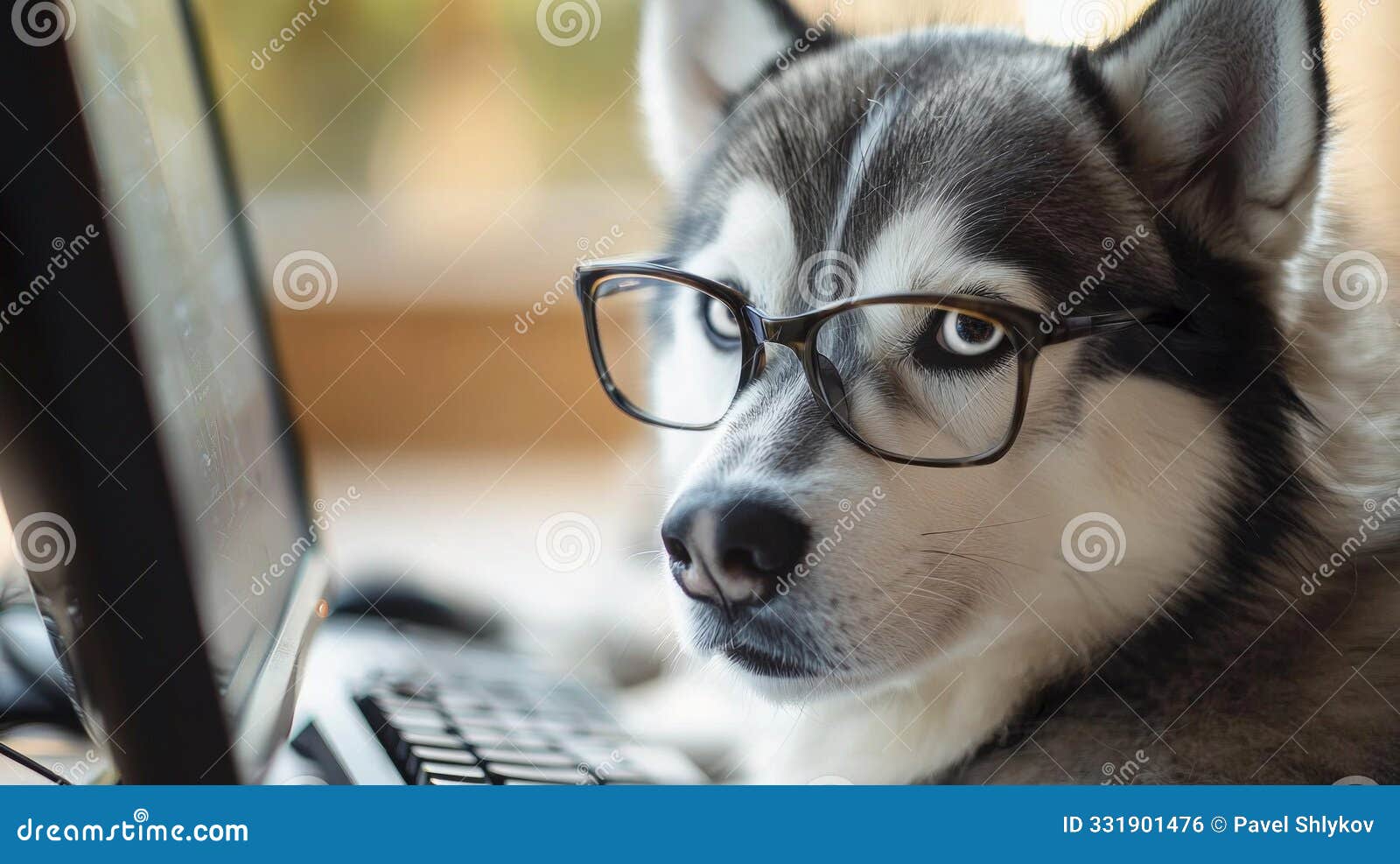 Cute Husky Dog Looking into Computer and Document Working in Glasses ...