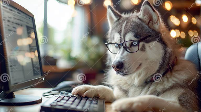 Cute Husky Dog Looking into Computer and Document Working in Glasses ...