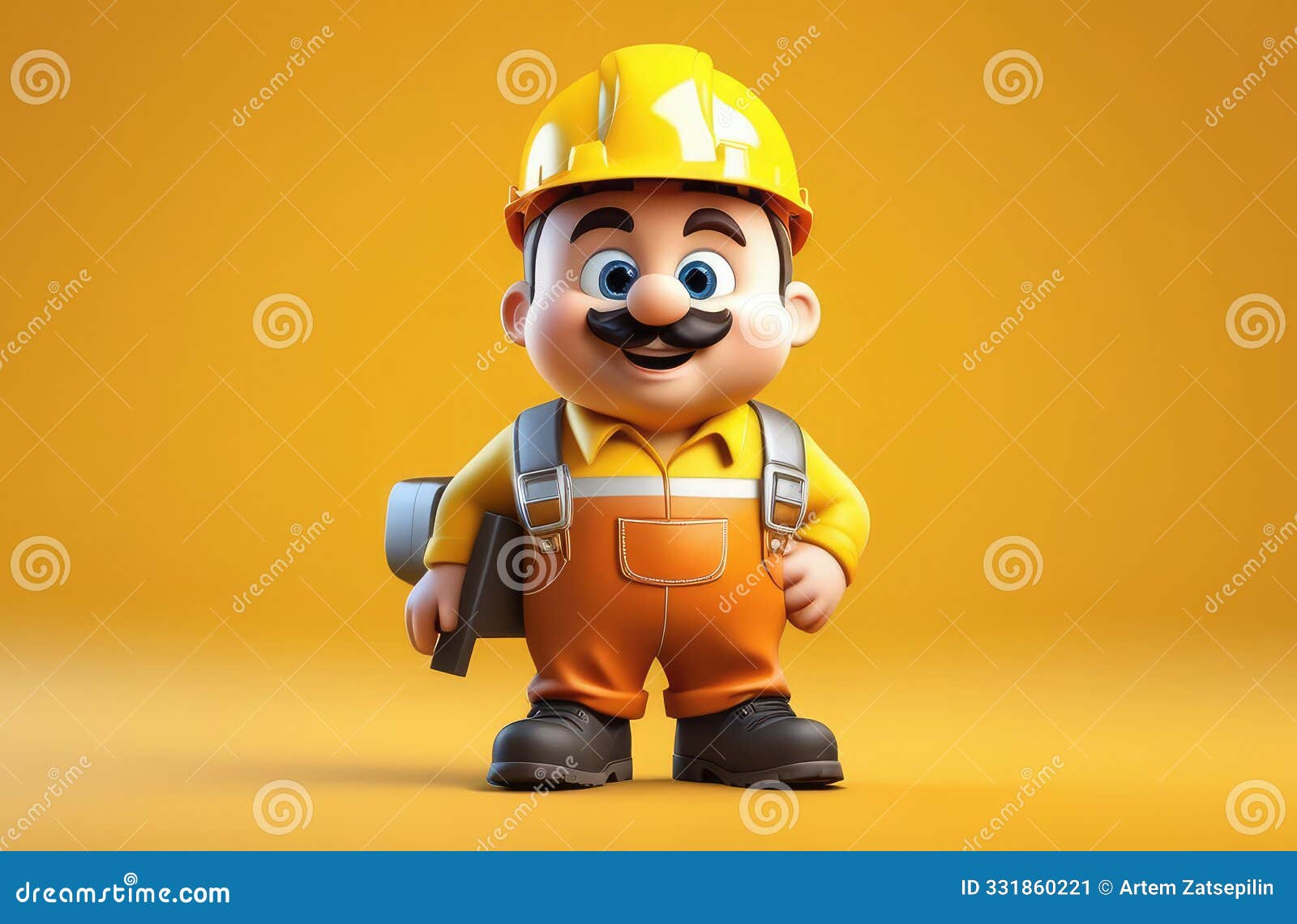 Cute Illustrated Construction Worker on Yellow Background. Man in ...