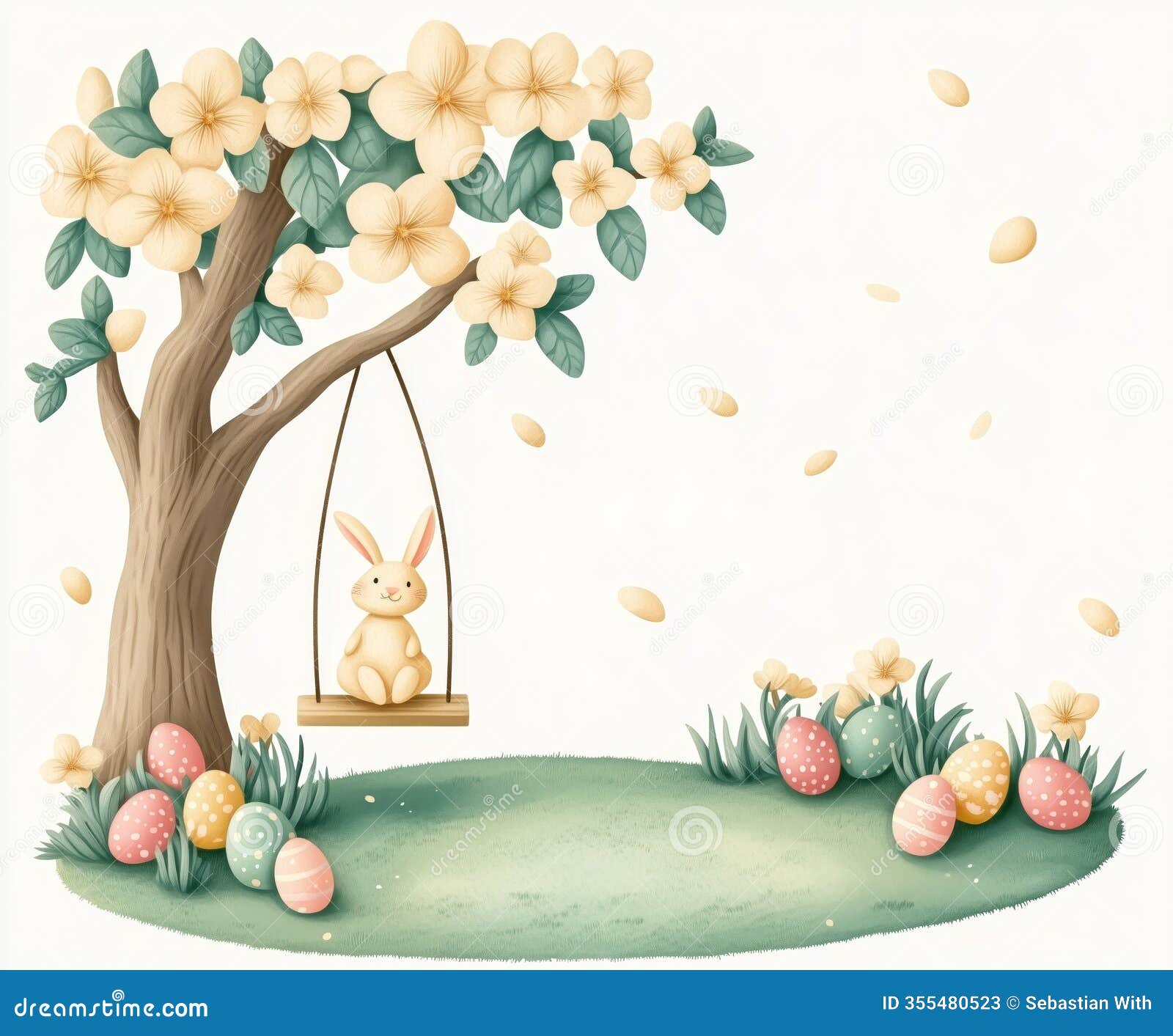 Cute Illustration of a Bunny on a Swing Under a Flower Tree with Easter ...