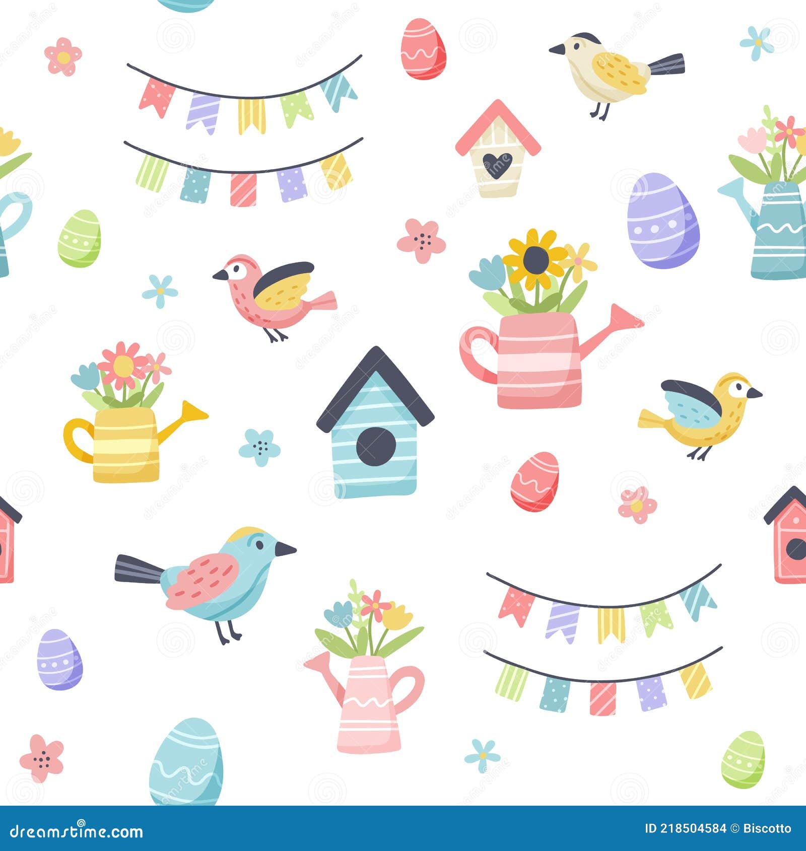 Easter Spring Pattern with Cute Eggs, Birds and Flowers. Hand Drawn ...