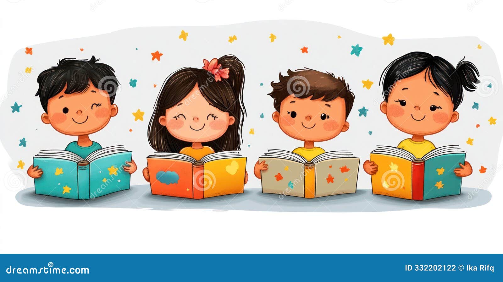 Cute Illustration of Four Kids Reading Books Stock Illustration ...