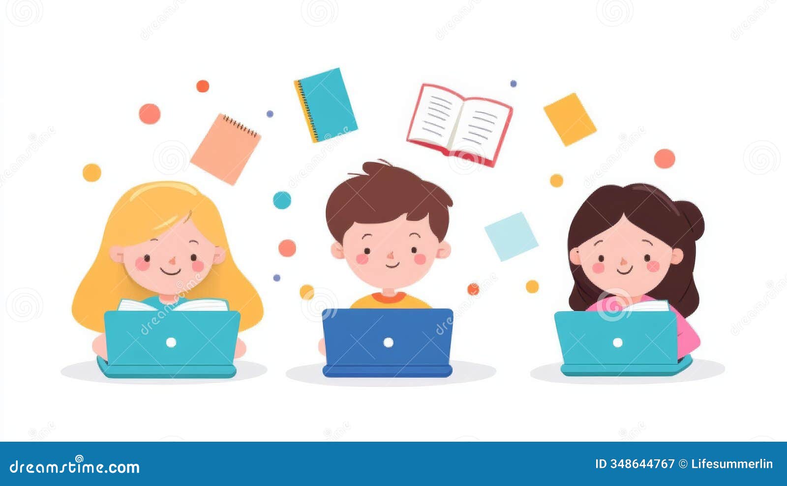 Cute Illustration of Kids Studying with Laptops and Books in a Creative ...