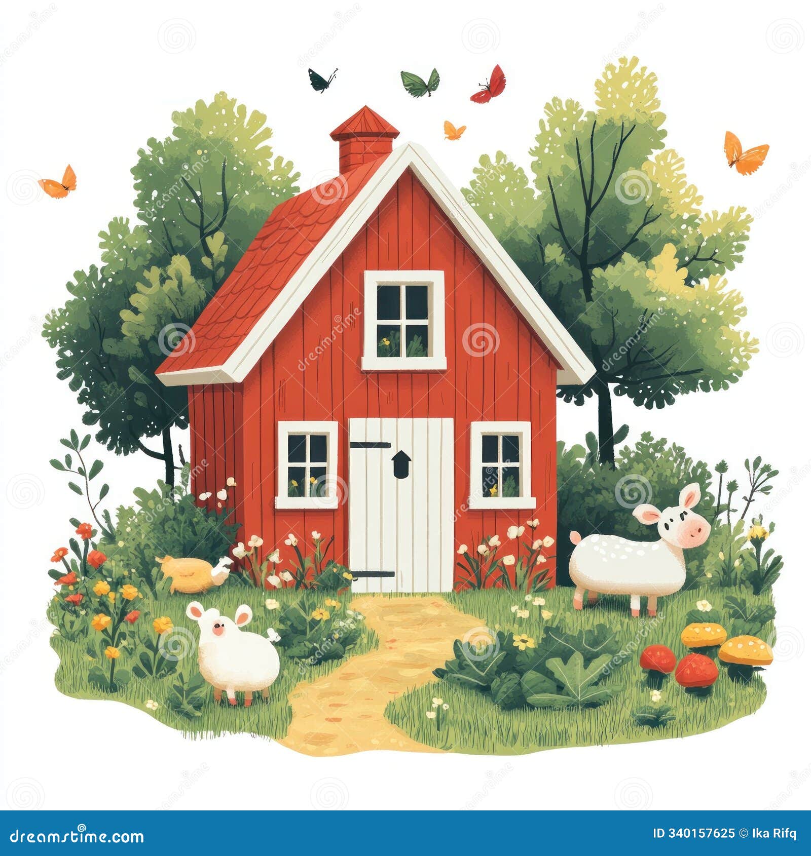 Cute Illustration of a Red Barn with a White Door and White Lambs Stock ...