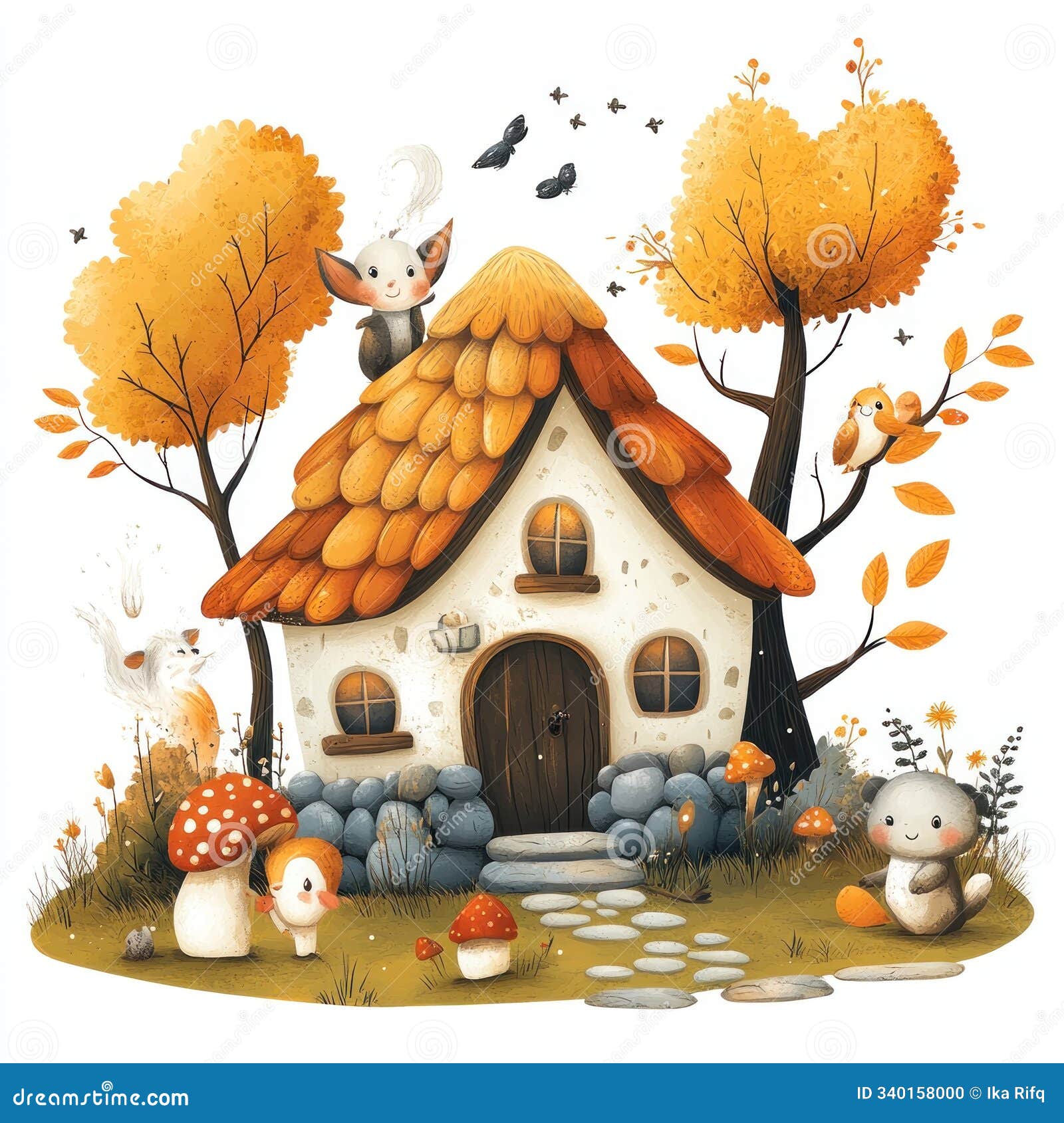 Cute Illustration of a Stone Cottage with Mushrooms and Animals in a ...