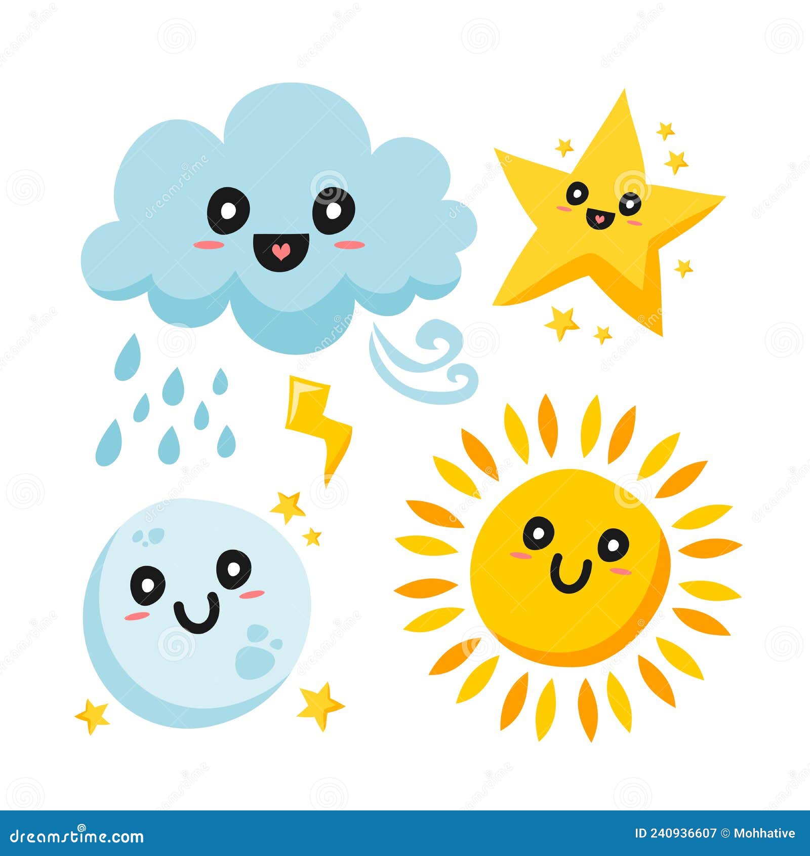 Cute Illustration of Sun, Moon, Star, Cloud and Moon. Vector Set with ...