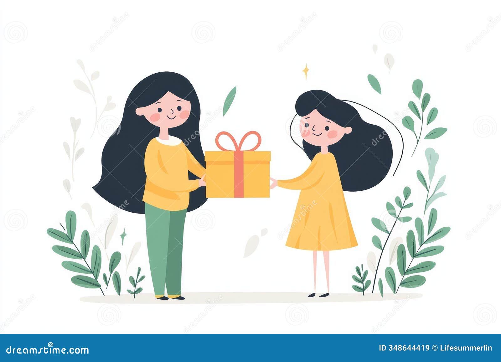 Cute Illustration Of Two Girls Exchanging A Gift In A Joyful Setting ...
