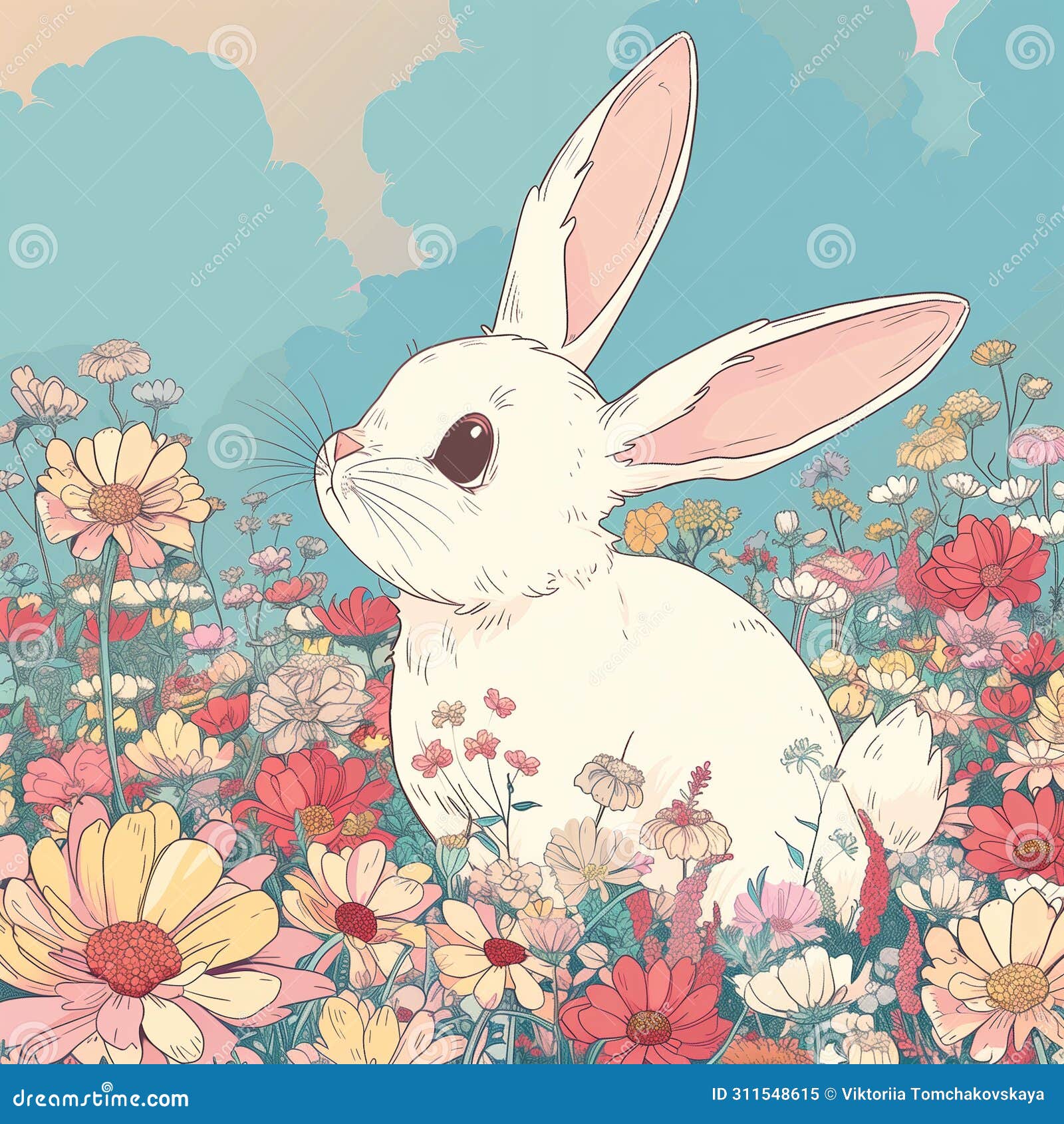 Cute Illustration of a White Bunny among Flowers Stock Illustration ...