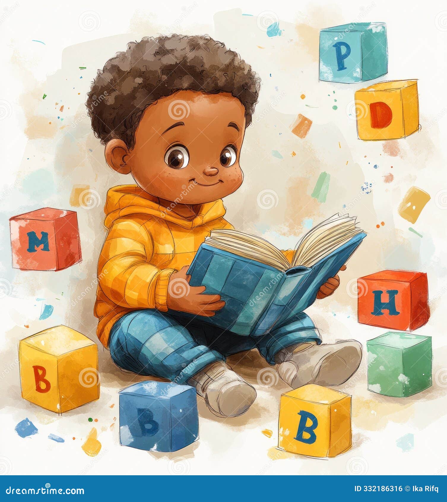 Cute Illustration of a Young Boy Reading a Book Surrounded by Colorful ...