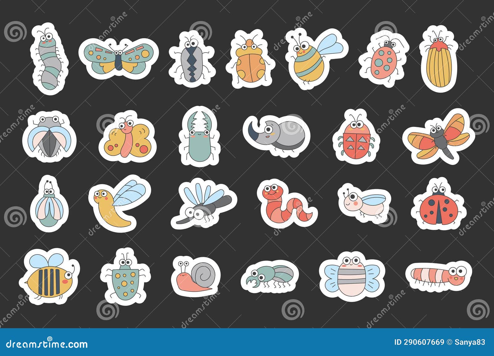 Cute Insects Cartoon Characters. Sticker Bookmark Stock Illustration ...