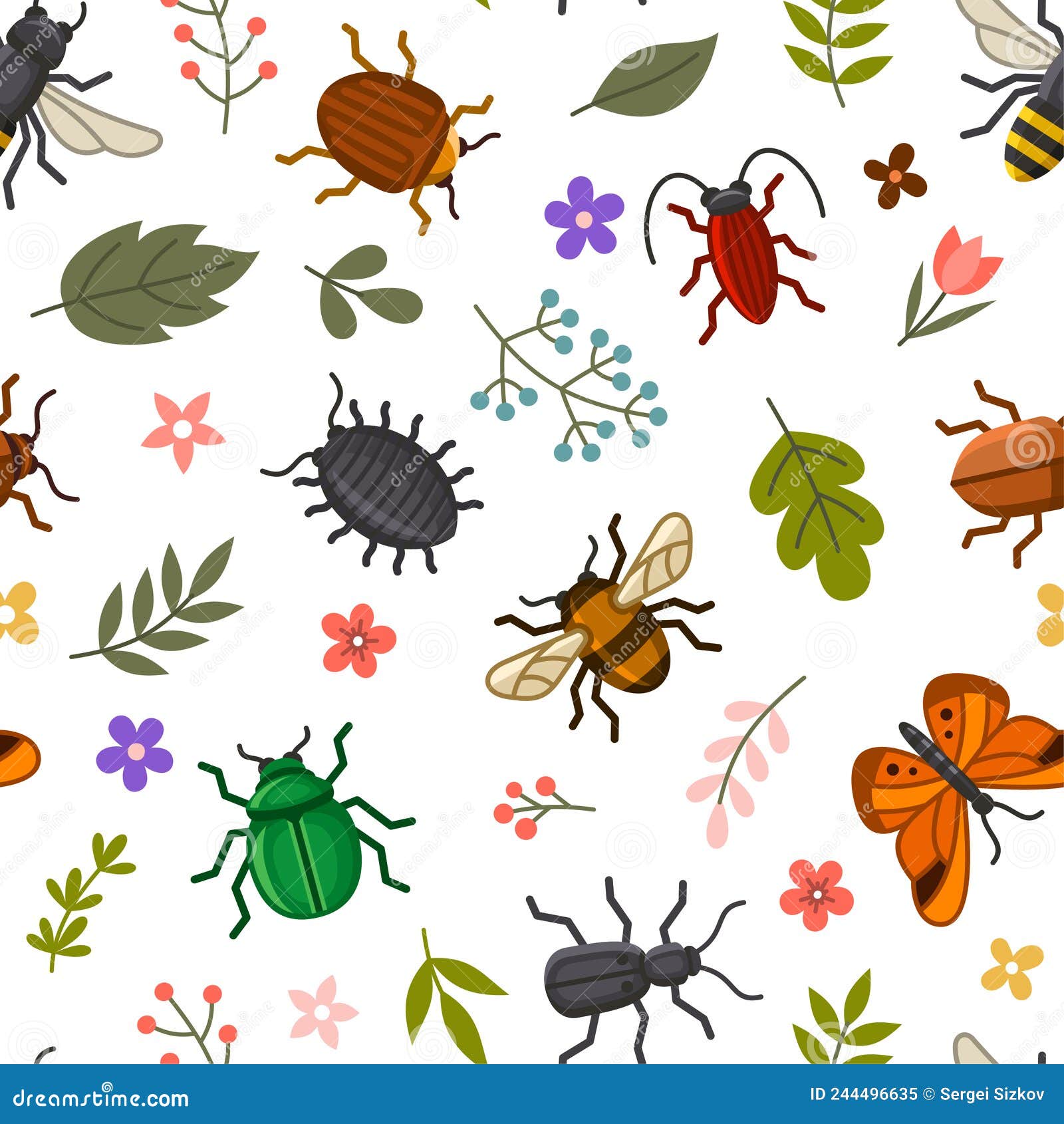 Cute Insects and Flowers Seamless Pattern on White Background. Vector ...