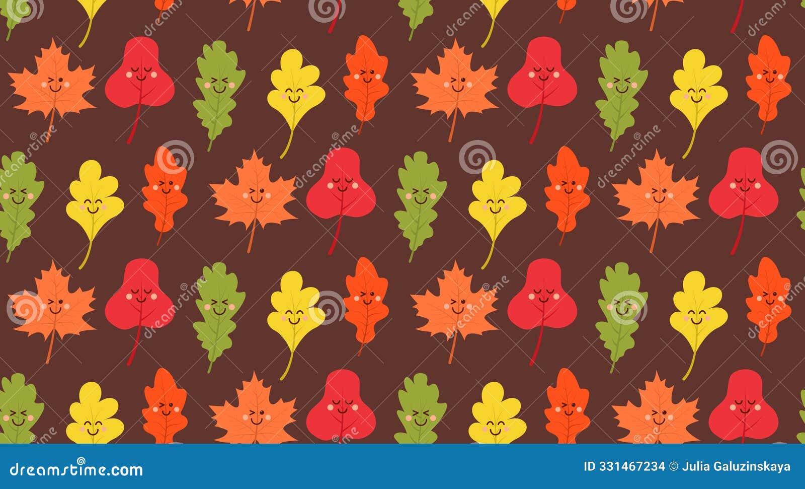 Cute Kawaii Autumn Leaf Seamless Pattern. Vector Cartoon Illustration ...