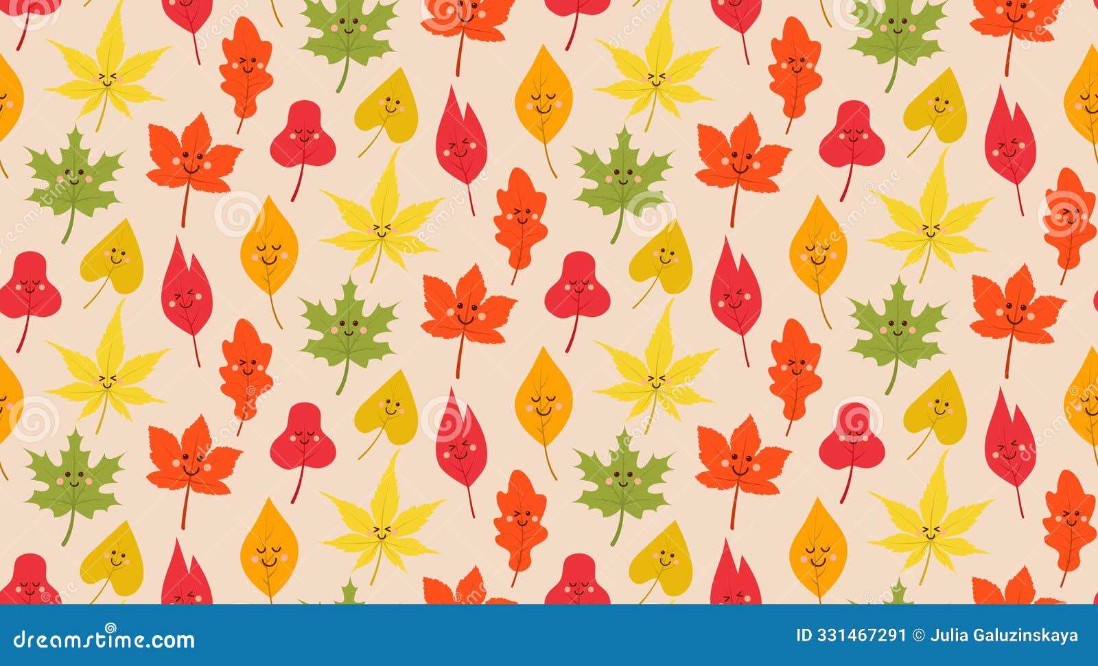 Cute Kawaii Autumn Leaf Seamless Pattern. Vector Cartoon Illustration ...
