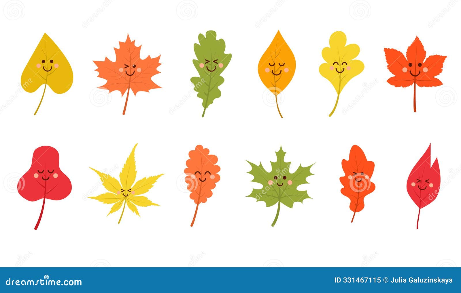 Cute Kawaii Autumn Leaf Set. Vector Cartoon Illustration Stock ...
