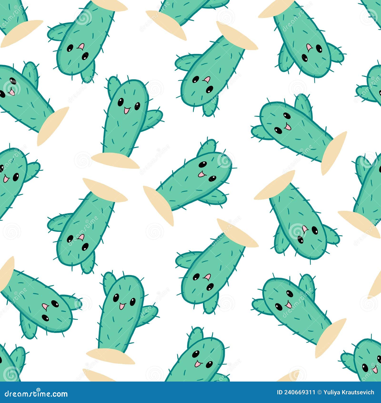 Cute Kawaii Cactus. Vector Illustration. Seamless Pattern Stock Vector ...