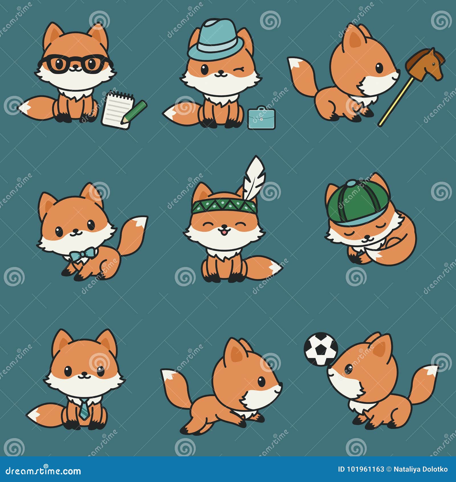 Cute kawaii foxes stock vector. Illustration of suitcase - 101961163