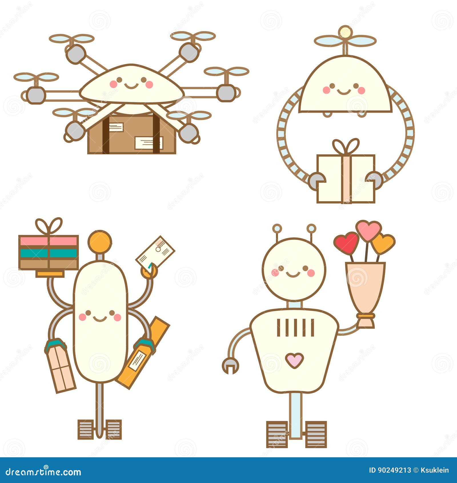 Cute Kawaii Robots Character Set. Delivery Drones. Androids Deliver ...