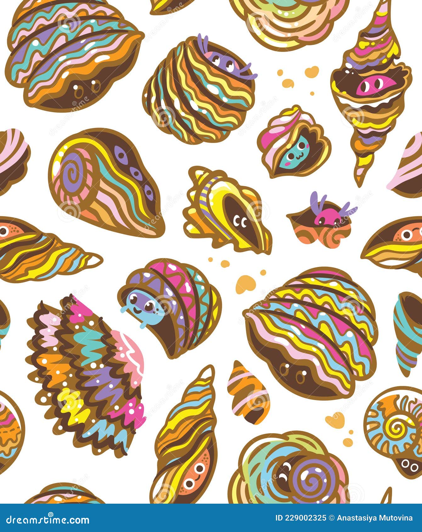 Cute Kawaii Seashells Seamless Pattern, Vector Stock Vector ...