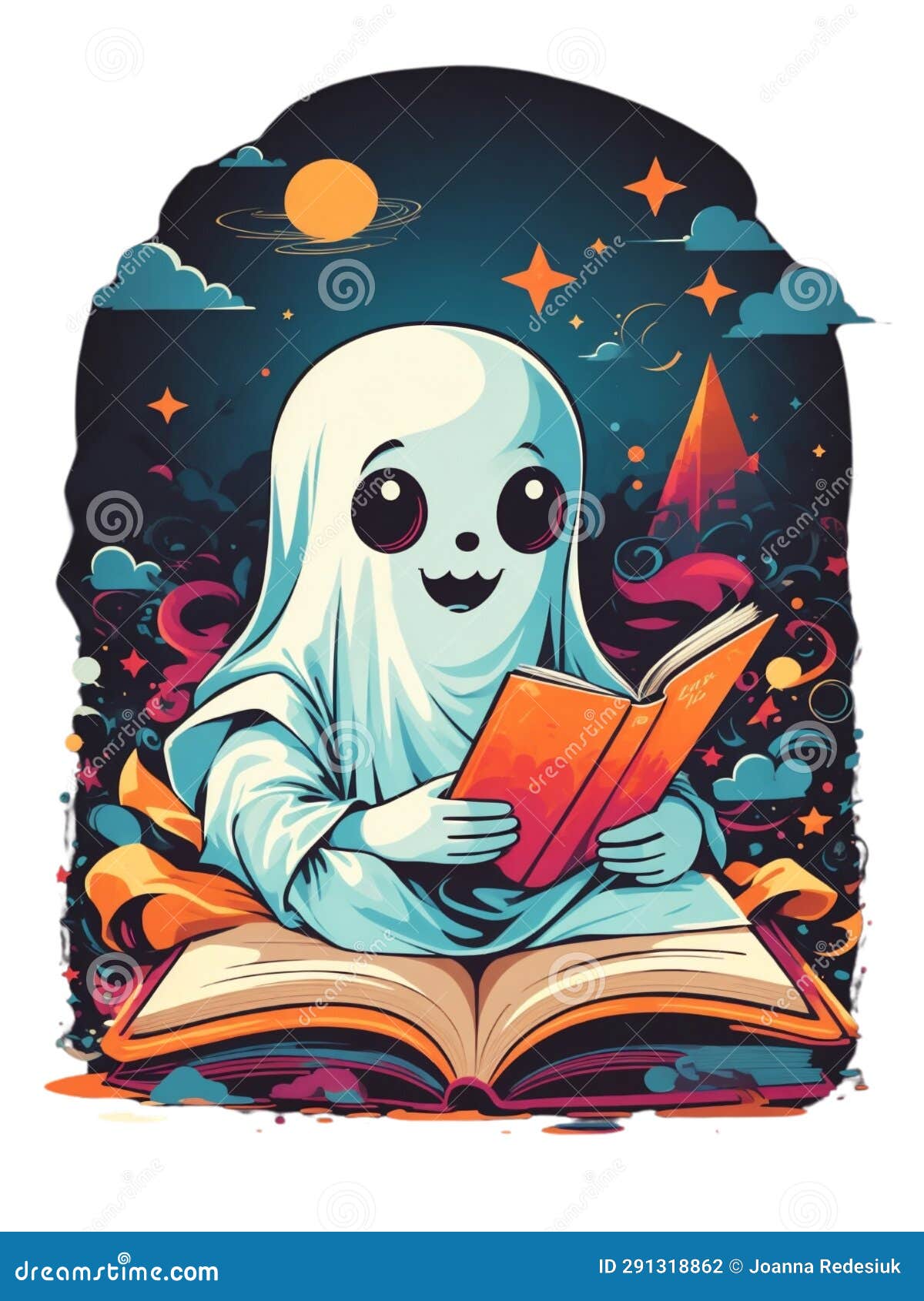 Kawaii White Ghost Reading Books Artwork for Halloween Stock ...
