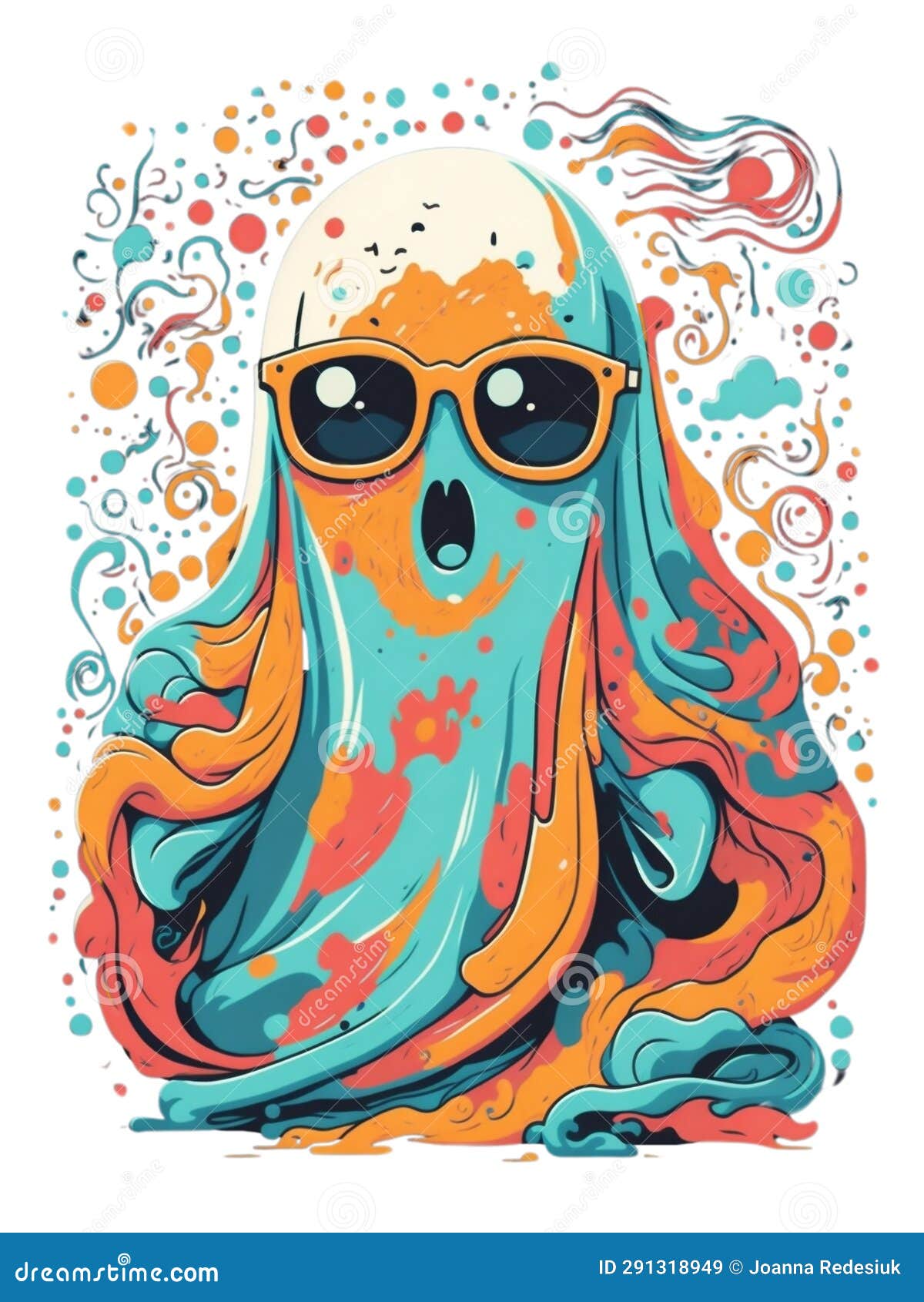 Kawaii White Ghost Reading Books Artwork for Halloween Stock ...