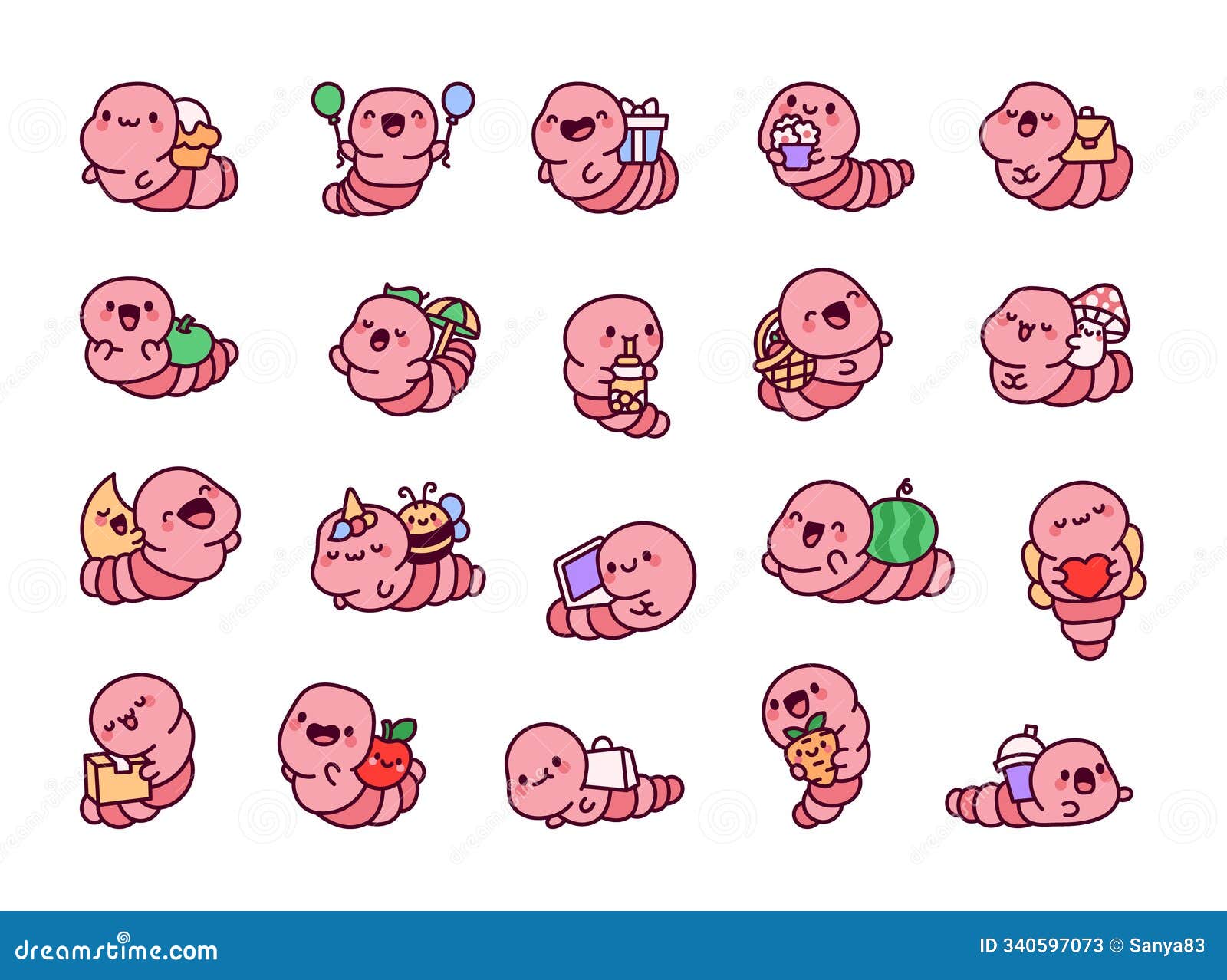 Cute Kawaii Worm with Objects Stock Vector - Illustration of pretty ...