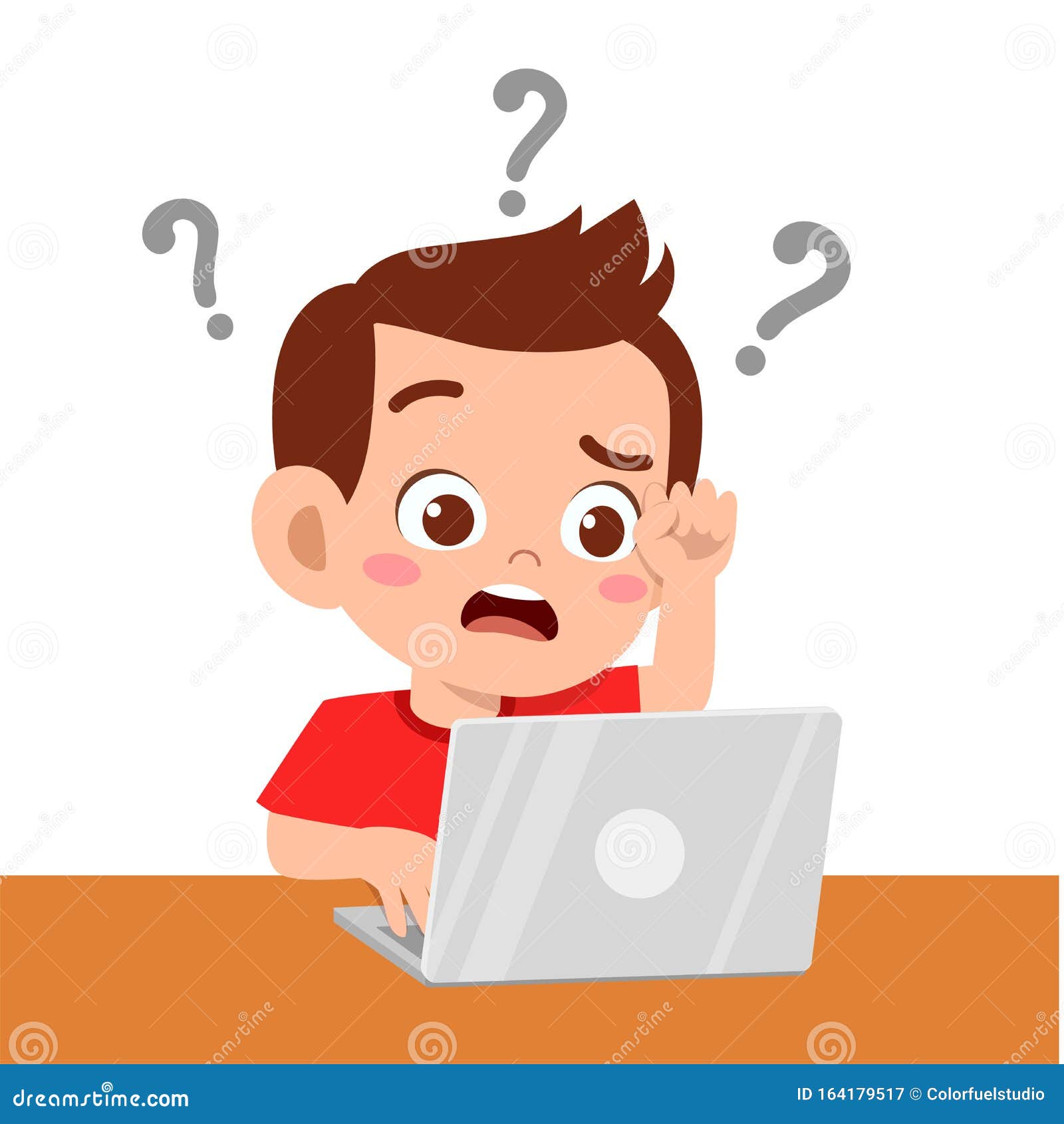Cute Kid Boy Confused when Using Laptop Stock Illustration ...